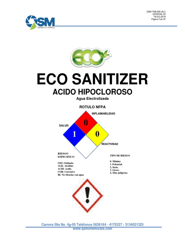 ECOSANITIZER - ACIDO HIPOCLOROSO (Agua Electrolizada) SGA - v3 | PDF | Cloro | Agua
