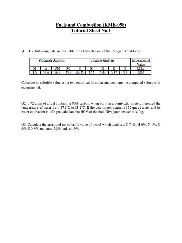Fuels and Combustion (KME-058) Tutorial Sheet No.1 | PDF
