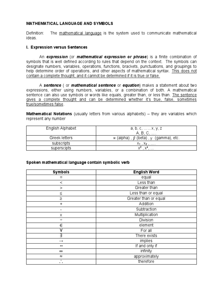 MATHEMATICAL LANGUAGE AND SYMBOLS. (Part 1) | PDF | Variable ...