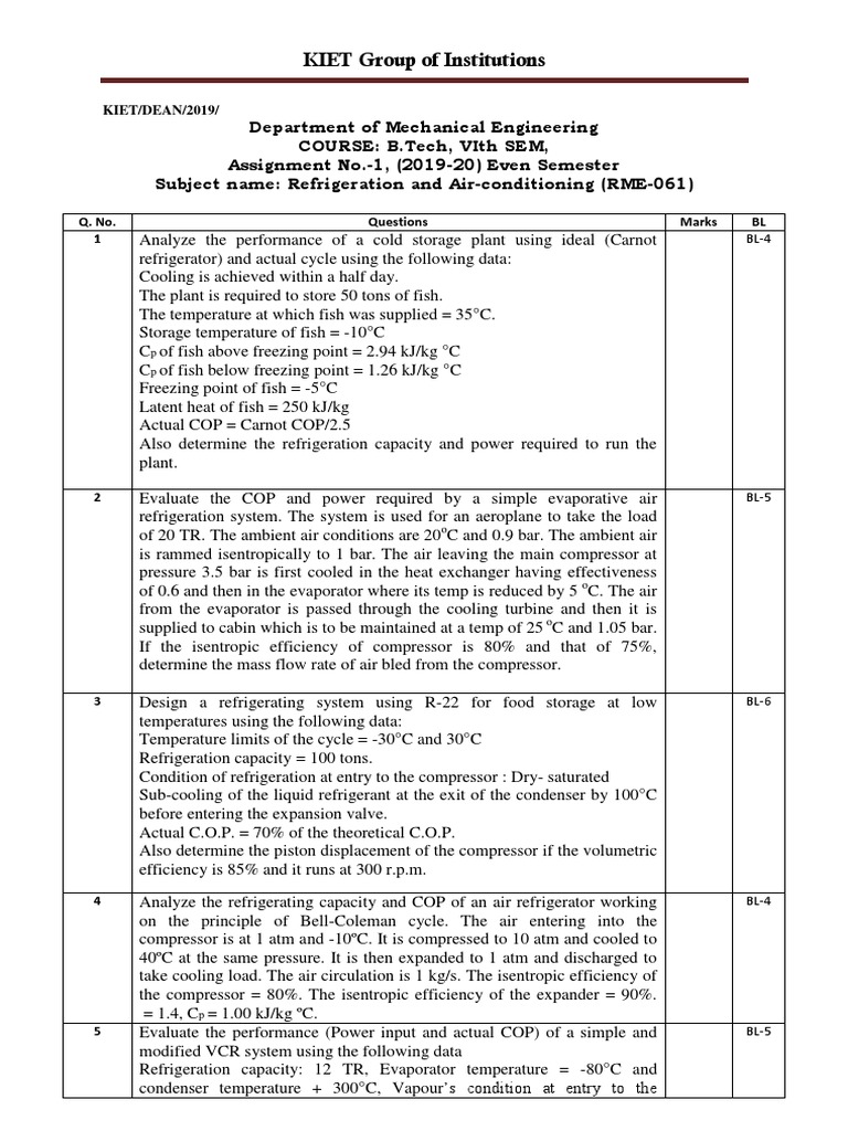 RAC Assignment No. 1 | PDF | Refrigeration | Heat Exchanger