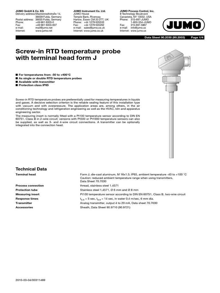 Screw-In RTD Temperature Probe With Terminal Head Form J: Technical ...