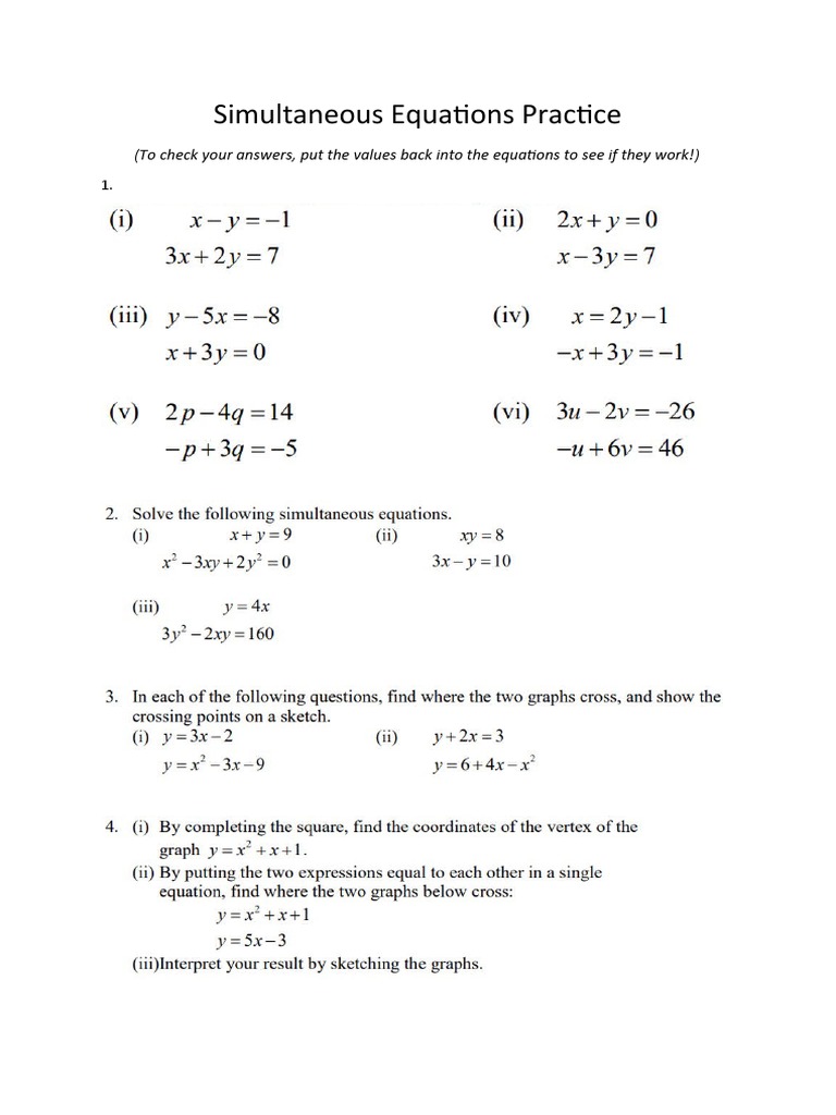 Simultaneous Equations Practice: (To Check Your Answers, Put The Values ...