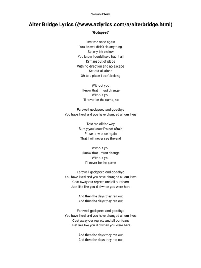 Alter Bridge - Godspeed Lyrics | PDF