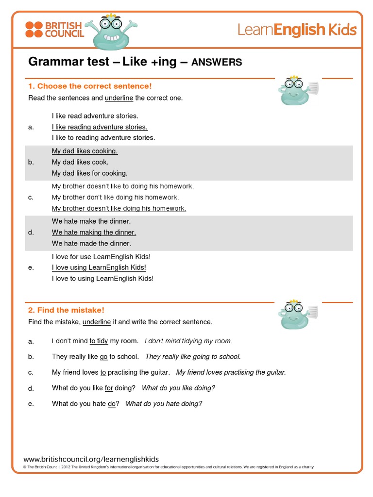 Grammar Test - Like +ing - : Answers | PDF