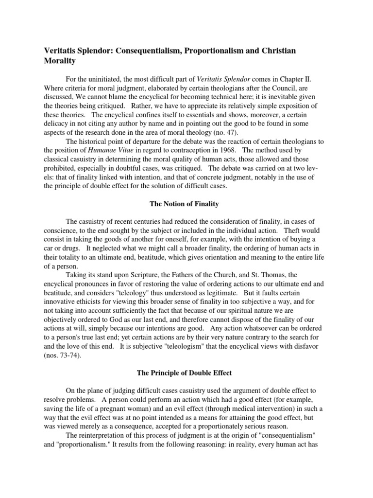 Veritatis Splendor: Consequentialism, Proportionalism and Christian ...