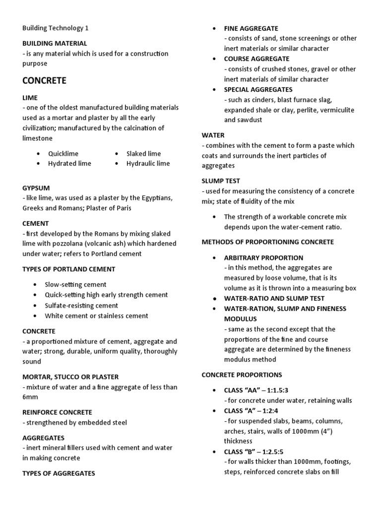 Building Technology 1 | PDF | Lime (Material) | Concrete