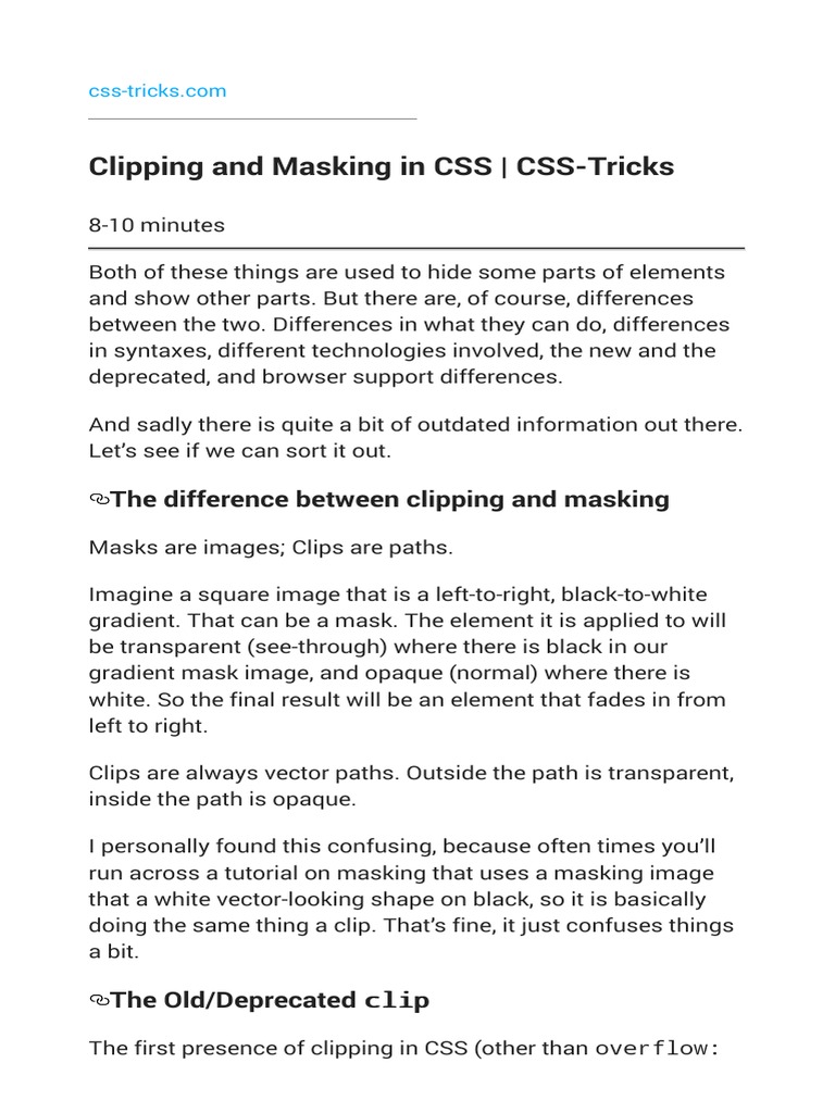 Clipping and Masking in CSS CSS-Tricks | PDF | Cascading Style Sheets ... Clipping and Masking in CSS CSS-Tricks | PDF | Cascading Style Sheets ...