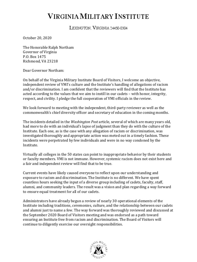 VMI Letter To Virginia Gov. Ralph Northam | PDF | Society | Discrimination