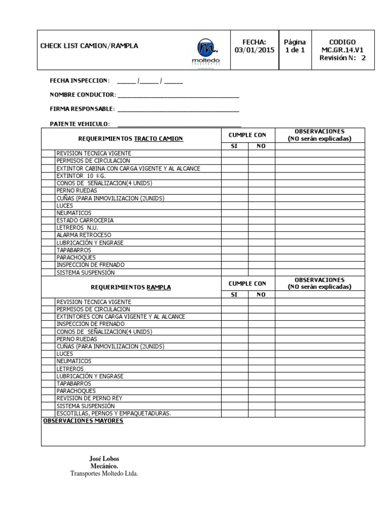 Check List Camion-Rampla | PDF