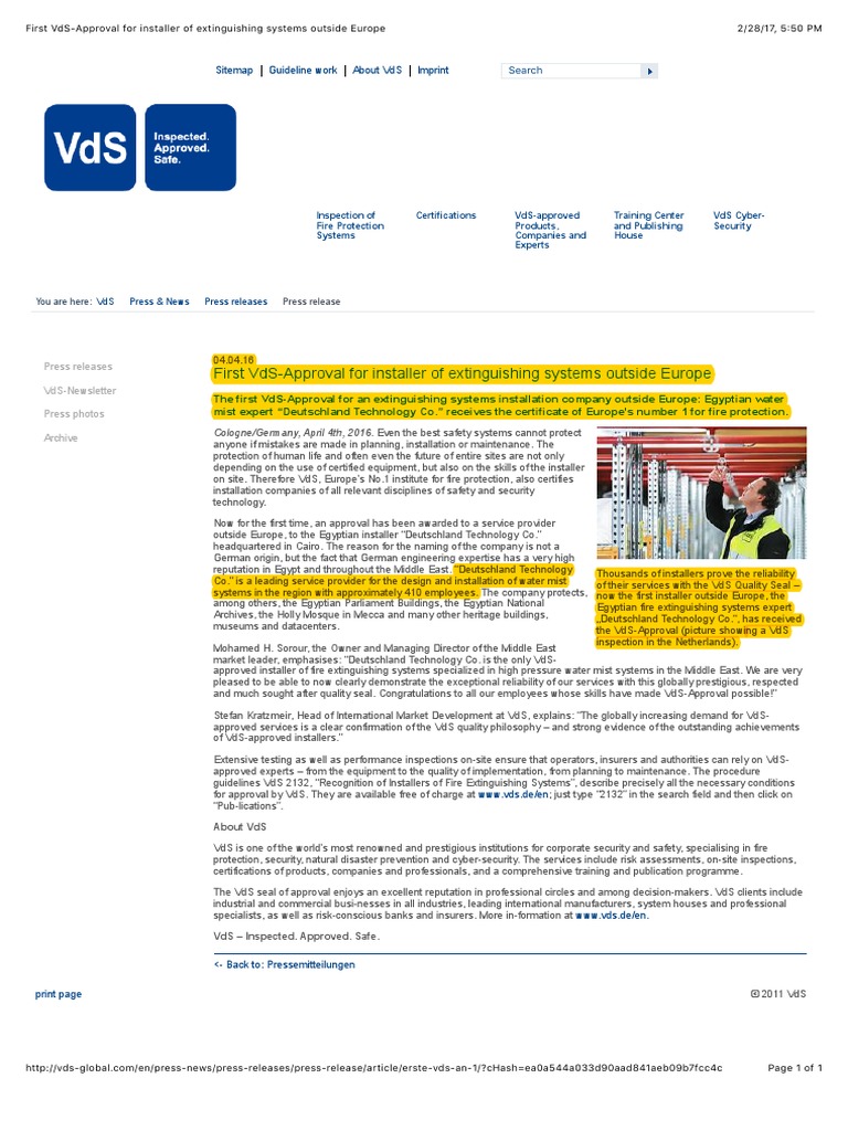 Archivetempfirst VdS-Approval For Installer of Extinguishing Systems ...