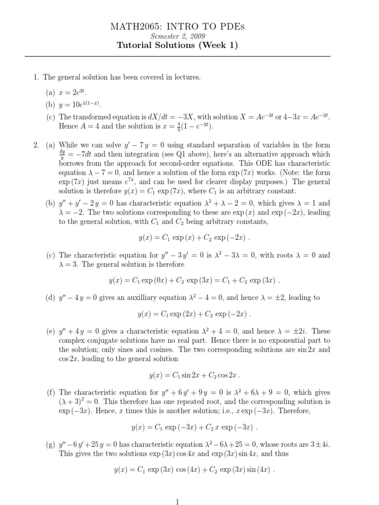 Math2065: Intro To Pdes Tutorial Solutions (Week 1) : 3t 5 (1 Z) 3t 3t 4 3 3t | PDF ...