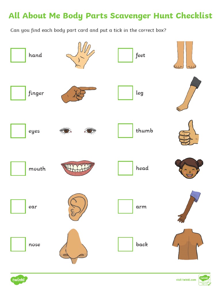All About Me Body Parts Scavenger Hunt Checklist: Hand Feet | PDF