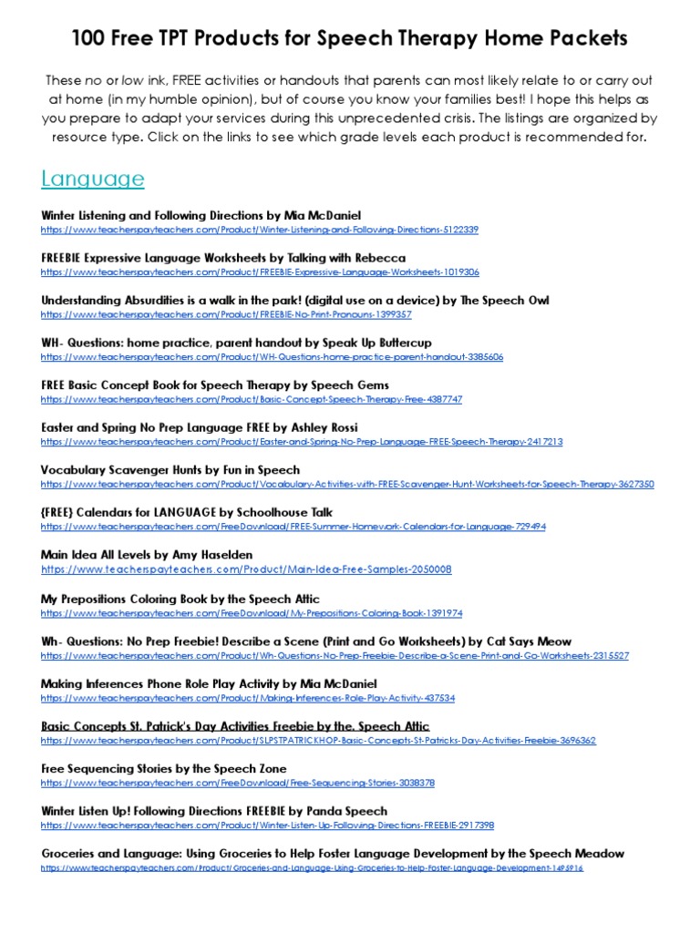 Free TPT Resources for Speech Therapy | PDF | Speech Language Pathology ...