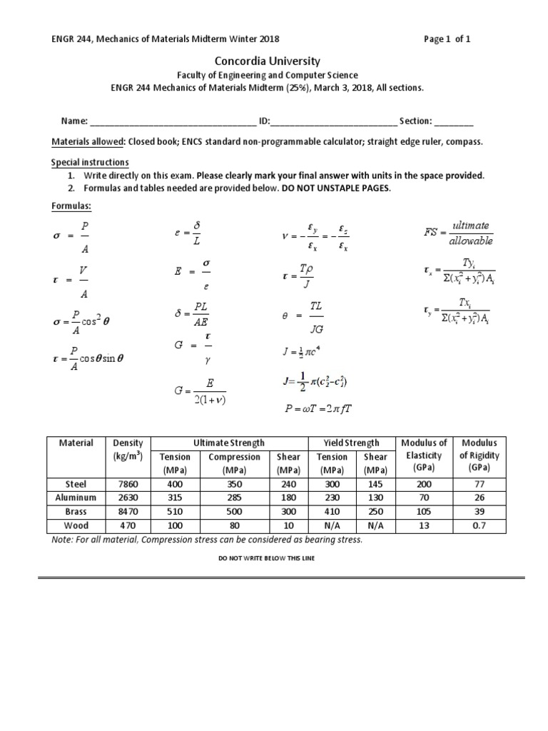 ENGR-244 Formula Sheet Midterm W2018 PDF | PDF | Strength Of Materials | Young's Modulus