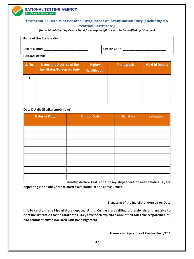 Proforma 1: Details of Persons/Invigilators On Examination Duty ...