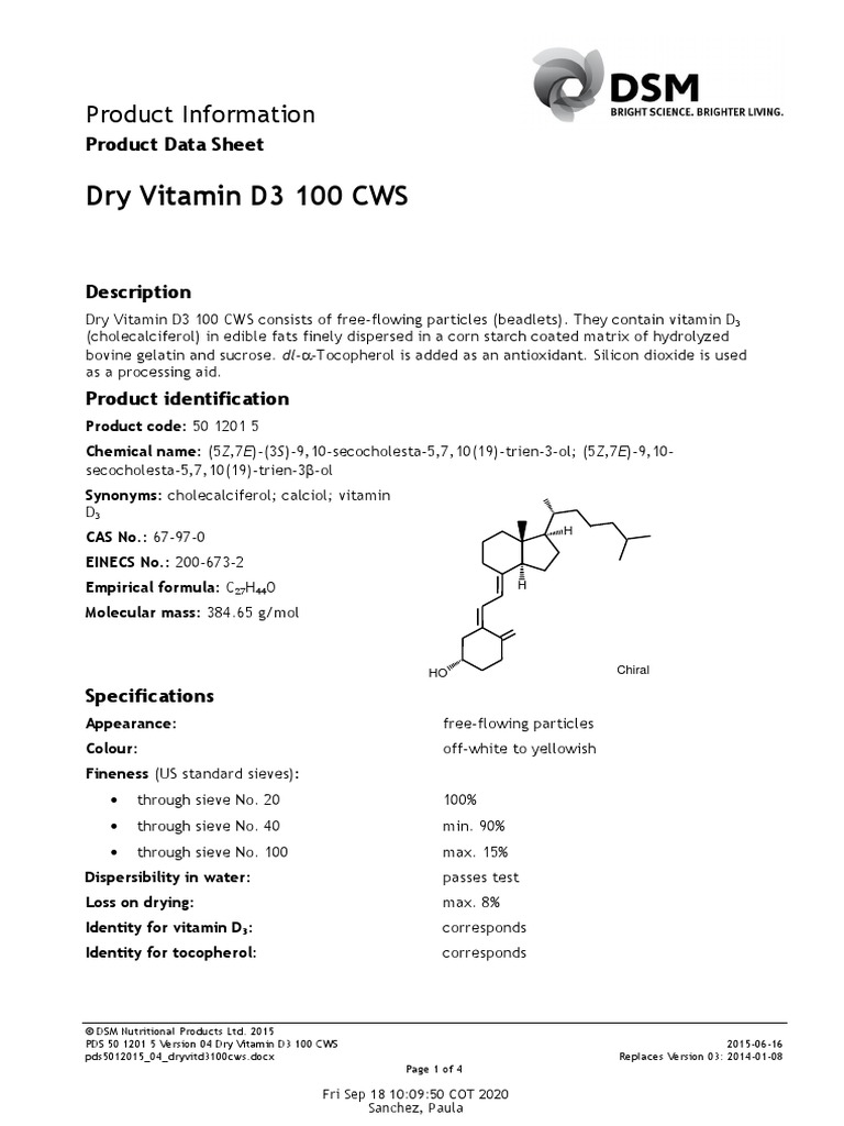 PDS Dry Vitamin D3 100 CWS | PDF | Vitamin | Food And Drink