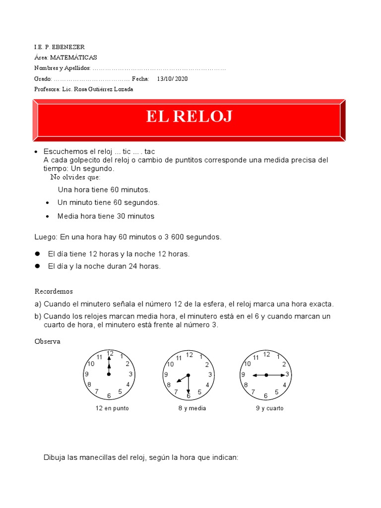 Hojas De Trabajo Sobre El Reloj Para Alumnos De 2.º Grado