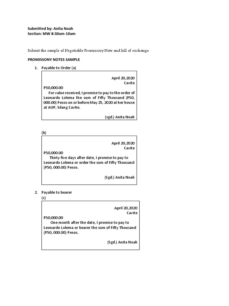 Sample of Negotiable Promissory Note and Bill of Exchange. | PDF