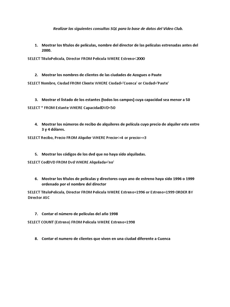 Ejercicios Consultas SQL | PDF