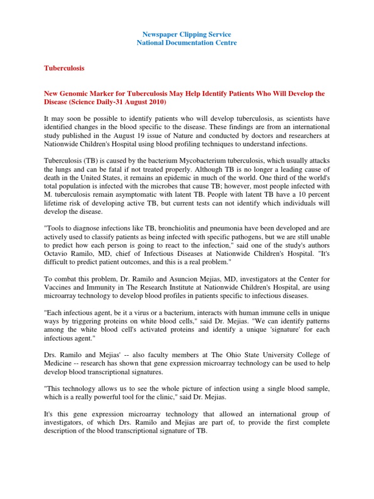 Tuberculosis: Newspaper Clipping Service National Documentation Centre ...