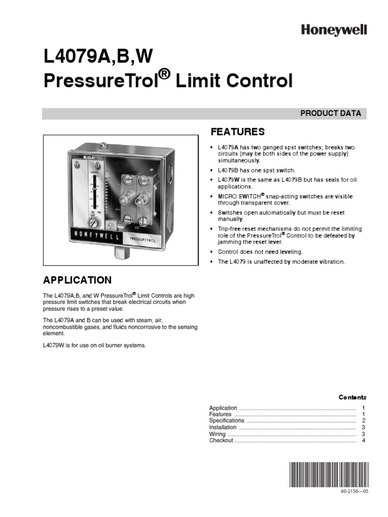 Honeywell Pressuretrol Reset Manual L4079A - L4079B - L4079W | PDF ...