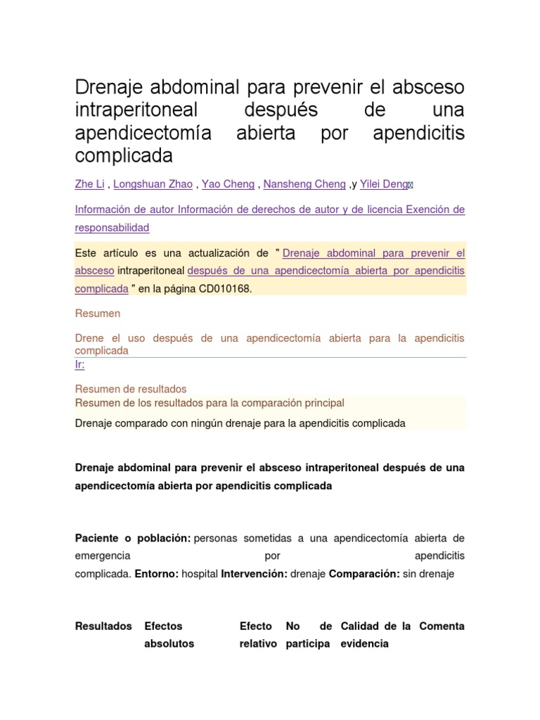 Drenaje Abdominal para Prevenir El Absceso Intraperitoneal | PDF ...
