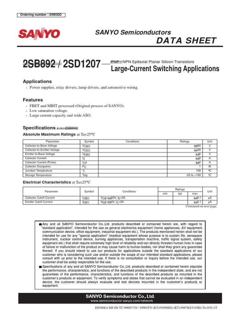 2SB892 / 2SD1207: Data Sheet | PDF | Bipolar Junction Transistor | Electrical Engineering