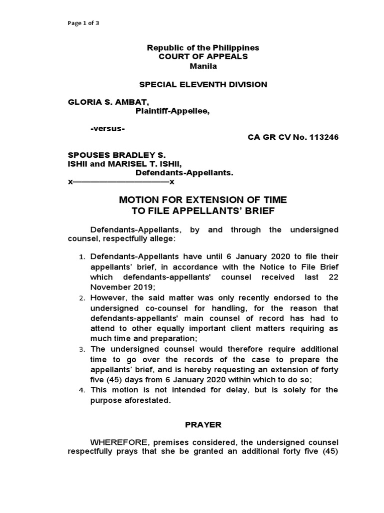 Motion for Extension of Time to File Appellants' Brief in the Case of Ambat v. Spouses Ishii ...