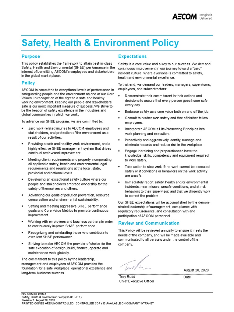 Safety, Health & Environment Policy: Purpose Expectations | PDF ...