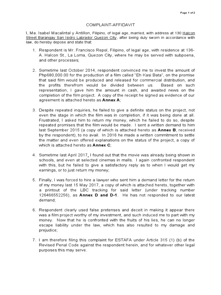 Complaint-Affidavit for Estafa | PDF | Crime & Violence | Crime Thriller
