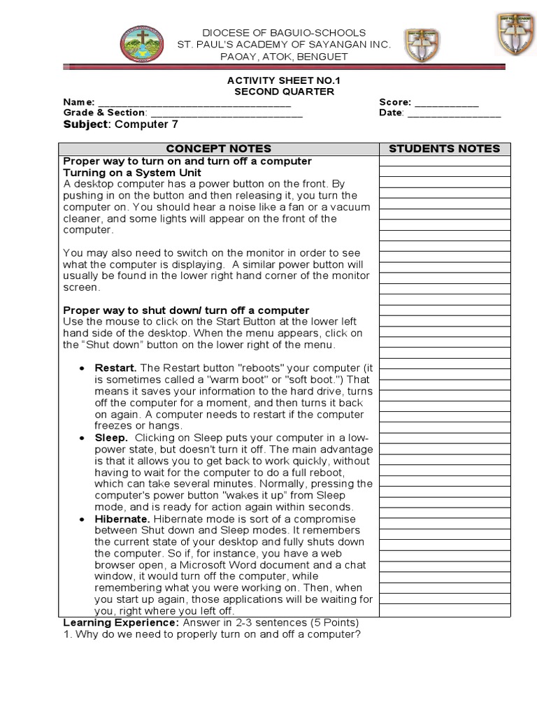 Subject: Computer 7 Concept Notes Students Notes: Proper Way To Turn On ...