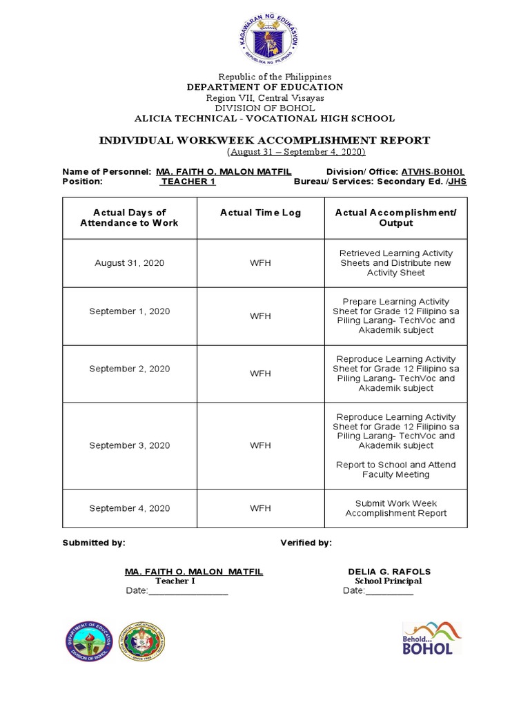 Workweek Accomplishment Reports for Teacher | PDF | Schools | Students
