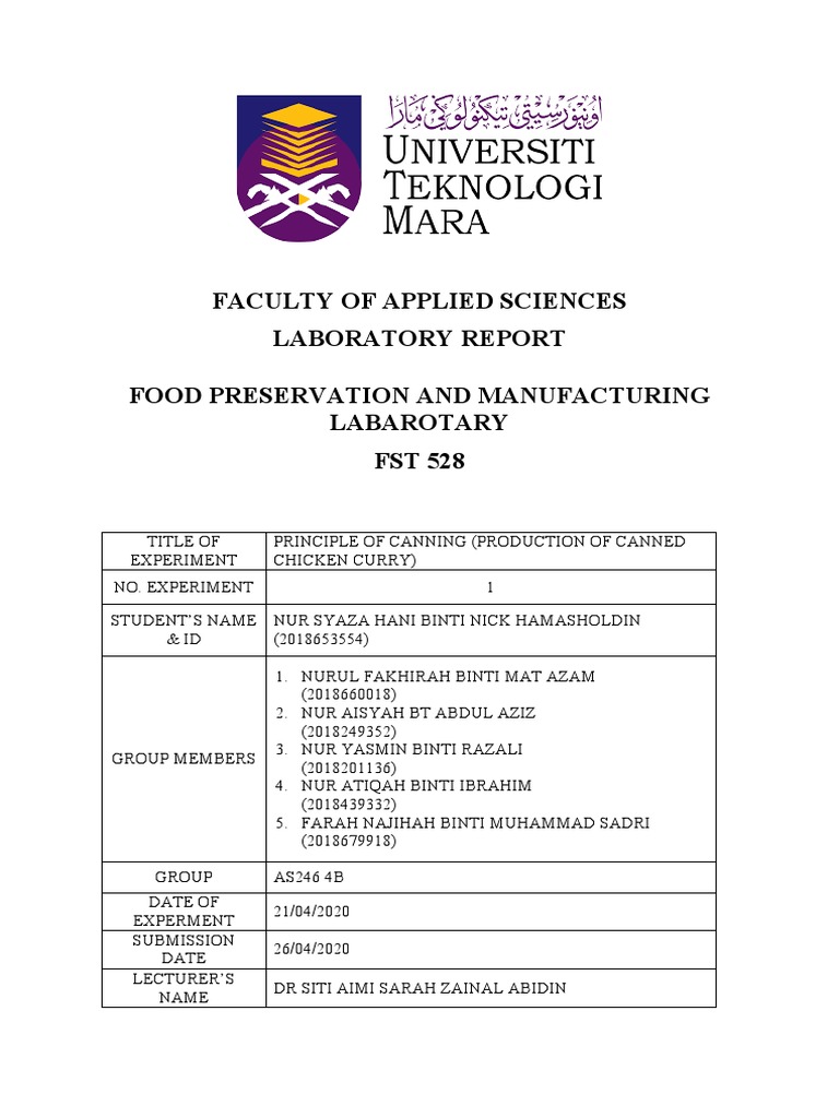 Faculty of Applied Sciences Laboratory Report Food Preservation and ...
