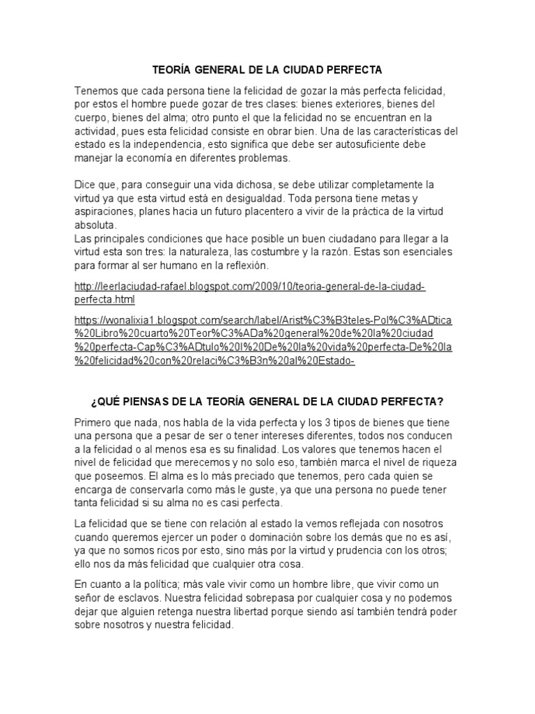 Teoría General de La Ciudad Perfecta | PDF | Felicidad | Bienes