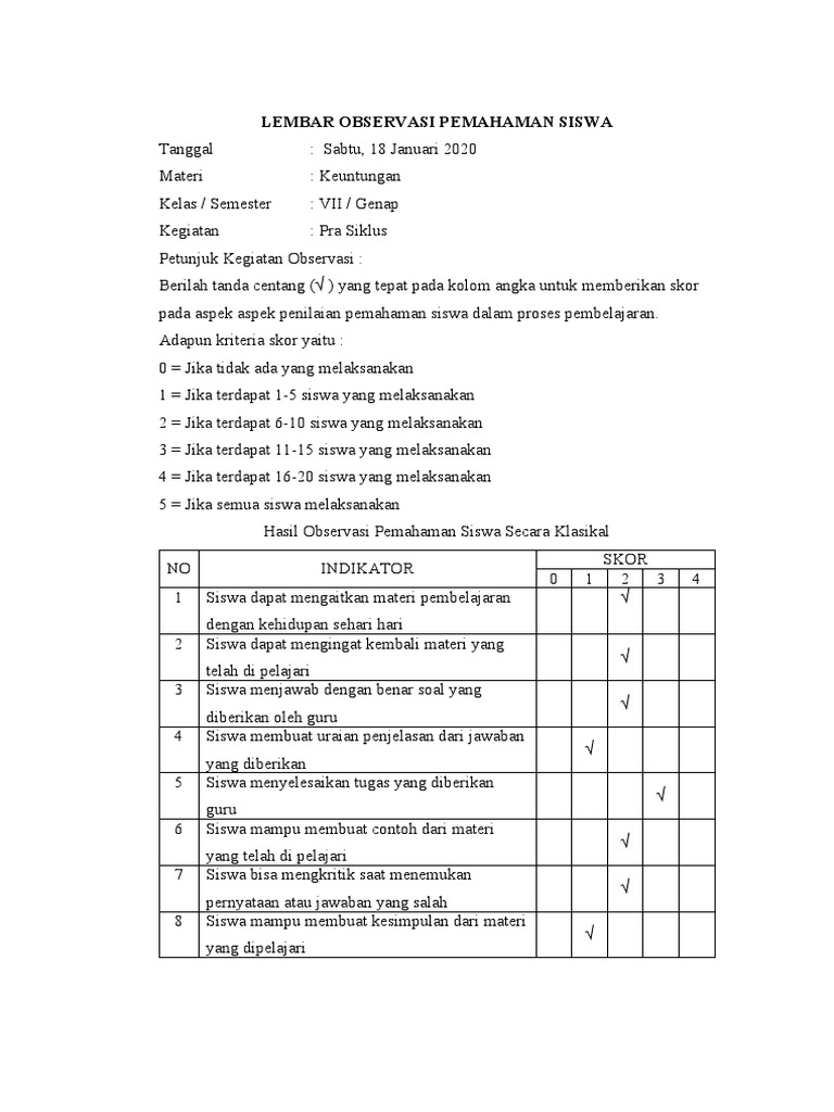 Lembar Observasi Pemahaman Siswa | PDF