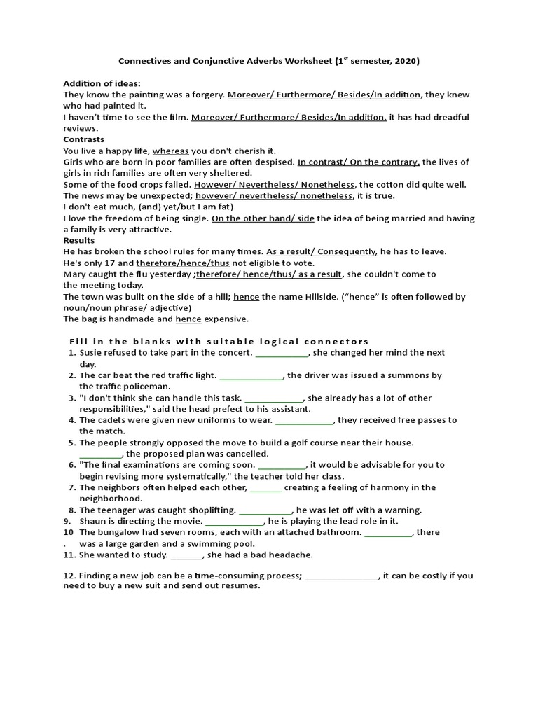 Connectives and Conjunctive Adverbs Worksheet | PDF | Adverb ...