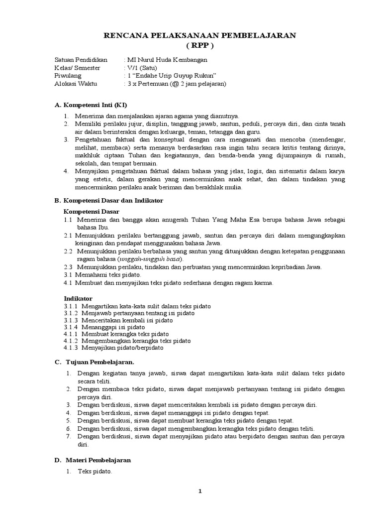 RPP Bahasa Jawa Kelas 5 Semester 1 | PDF
