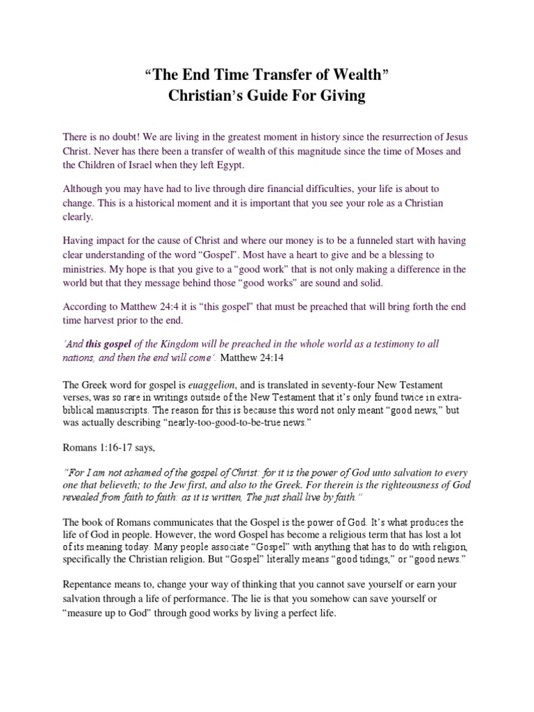 "The End Time Transfer of Wealth" Christian's Guide For Giving | PDF ...
