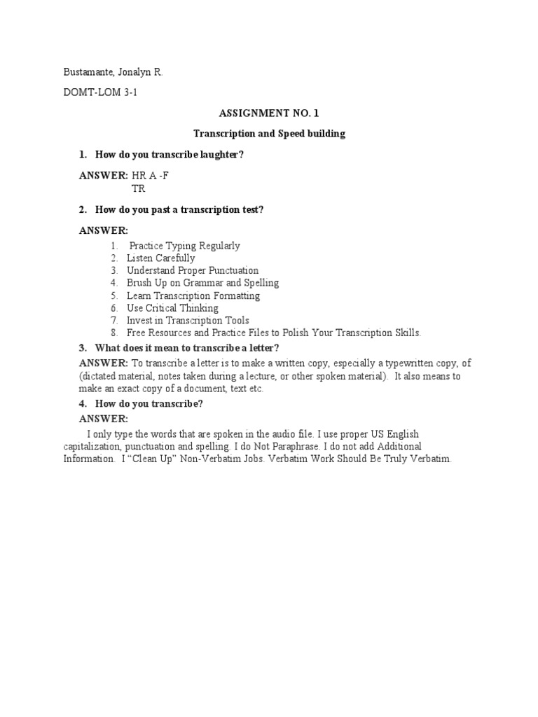 Assignment No. 1 Transcription and Speed Building 1. How Do You ...