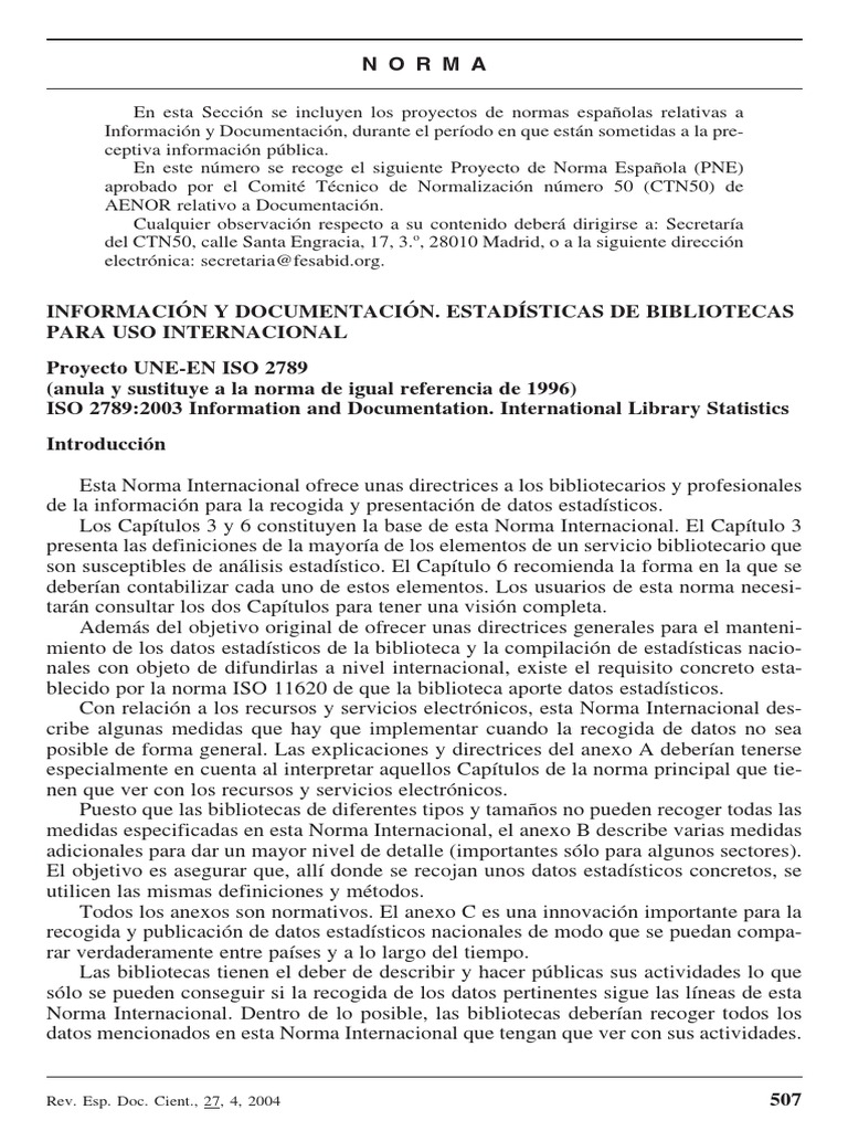 Une-En Iso 2789 | PDF | Bibliotecas | Bases de datos