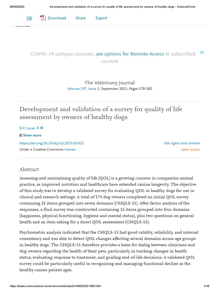 Development and Validation of A Survey For Quality of Life Assessment ...