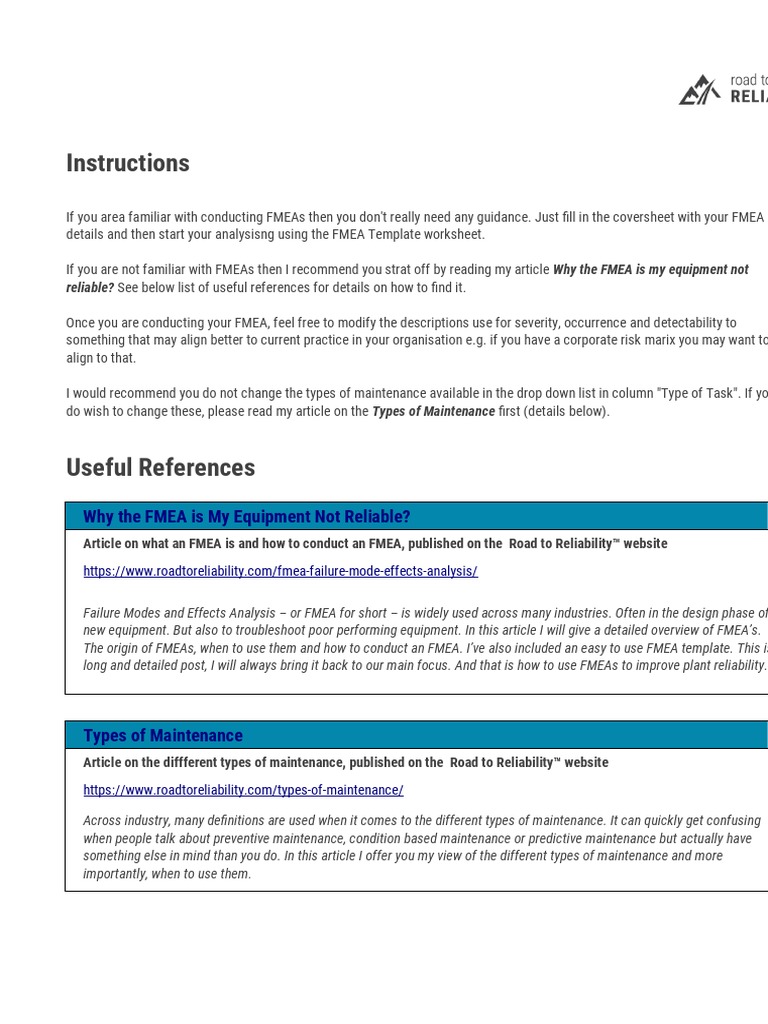 FMEA Template - Road To Reliability | PDF | Reliability Engineering ...
