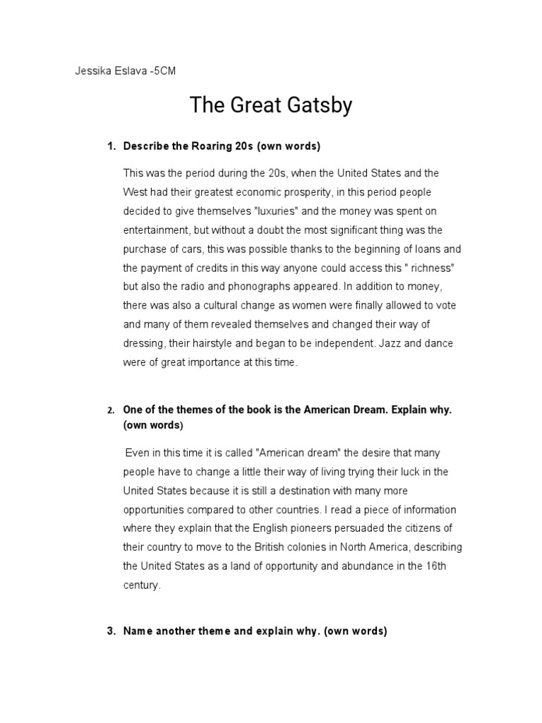 The Great Gatsby: 1. Describe The Roaring 20s (Own Words) | PDF