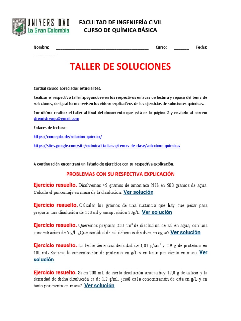 TALLER DE SOLUCIONES QUÍMICAS | PDF | Concentración | Ácido clorhídrico