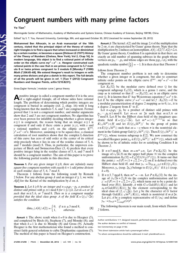Congruent Numbers With Many Prime Factors | PDF | Abstract Algebra ...