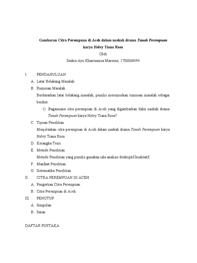 Citra Perempuan Aceh Dalam Naskah Drama Tanah Perempuan Karya Helvy Tiana Rosa | PDF