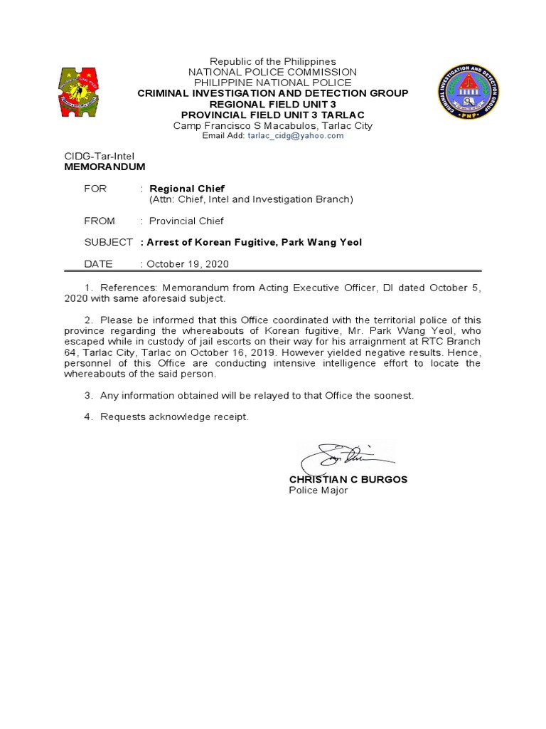 Memo-Arrest of Korean Fugitive, Park Wang Yeol | PDF