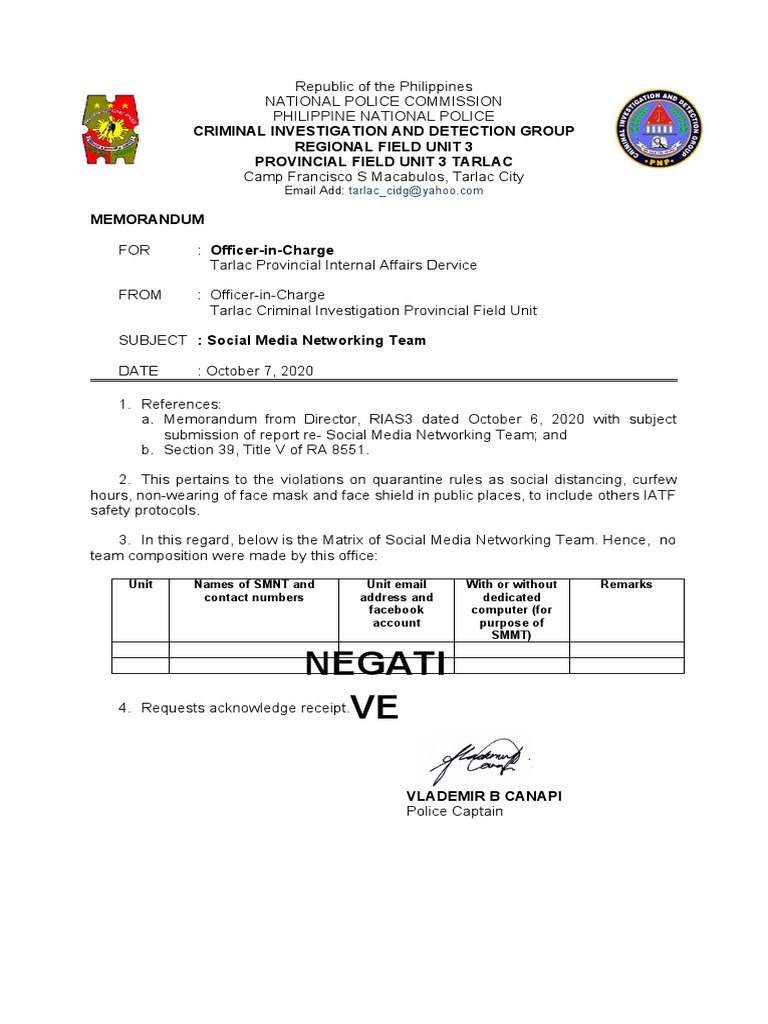 Tarlac CIDG Social Media Team Memo | PDF