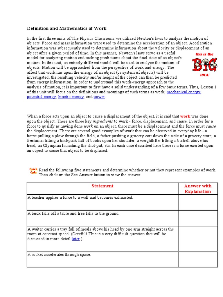 Definition and Mathematics of Work: Mechanical Energy Potential Energy ...