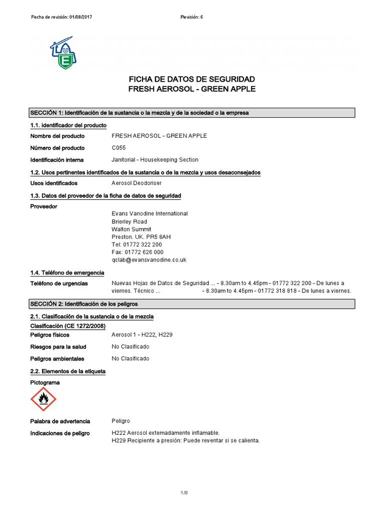 Hoja de Seguridad Aerosol | PDF | Toxicidad | Agua